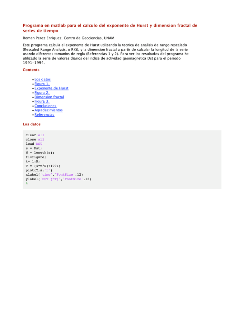 Programa en matlab para el calculo del exponente de Hurst y
