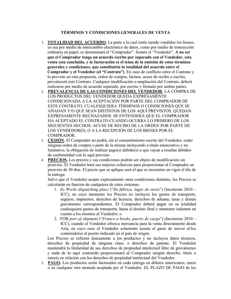 TÉRMINOS Y CONDICIONES GENERALES DE VENTA