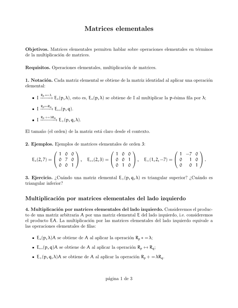 Matrices elementales - Apuntes y ejercicios de matemáticas, Egor