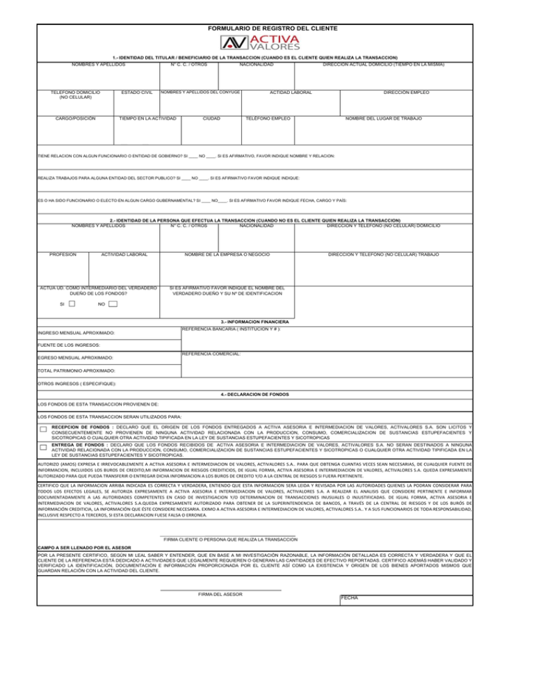 formulario de registro del cliente