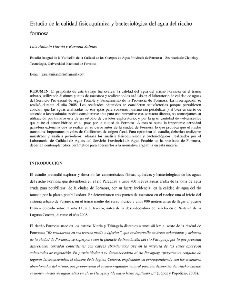 Estudio de la calidad fisicoquímica y bacteriológica del agua del