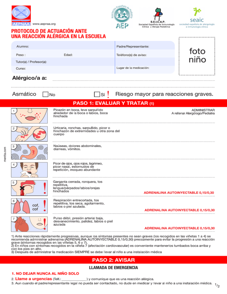 Protocolo de actuación ante una reacción en la escuela