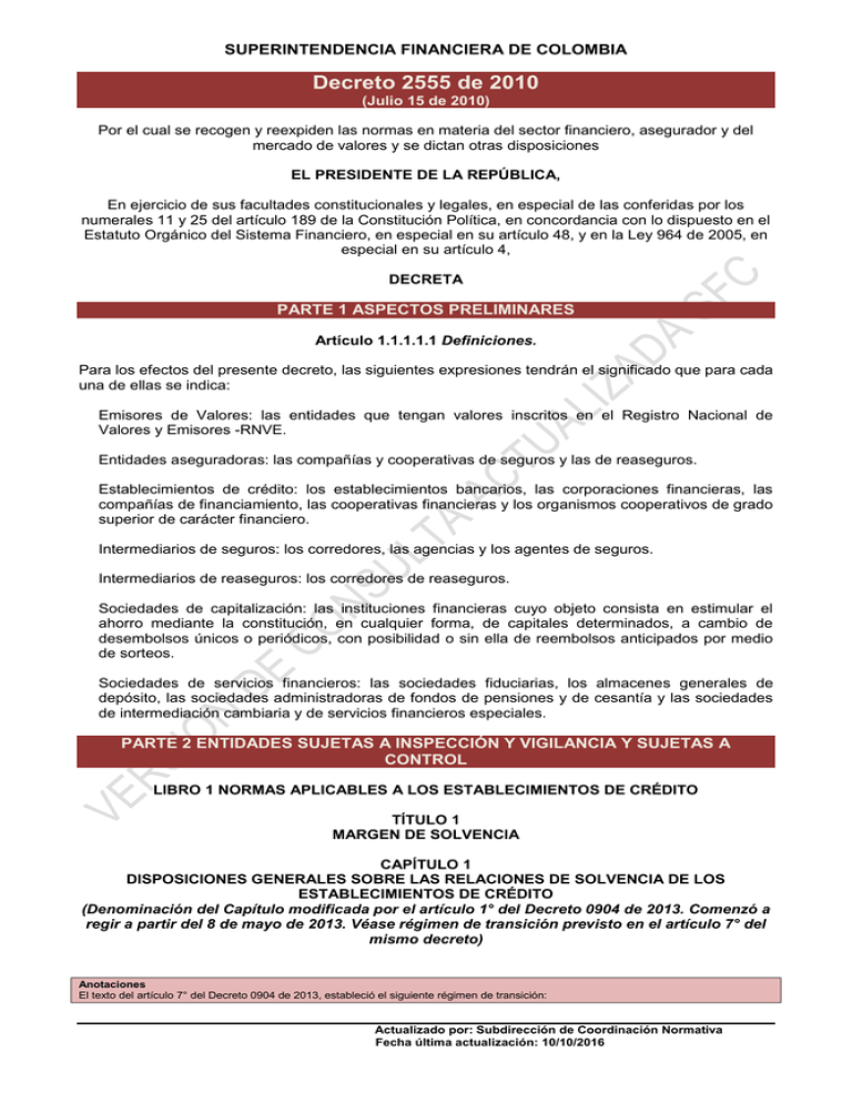 DECRETO ÚNICO - Decreto 2555 de 2010