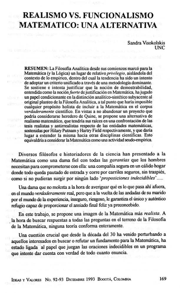 REALISMO VS. FUNCIONALISMO MATEMATICO: UNA