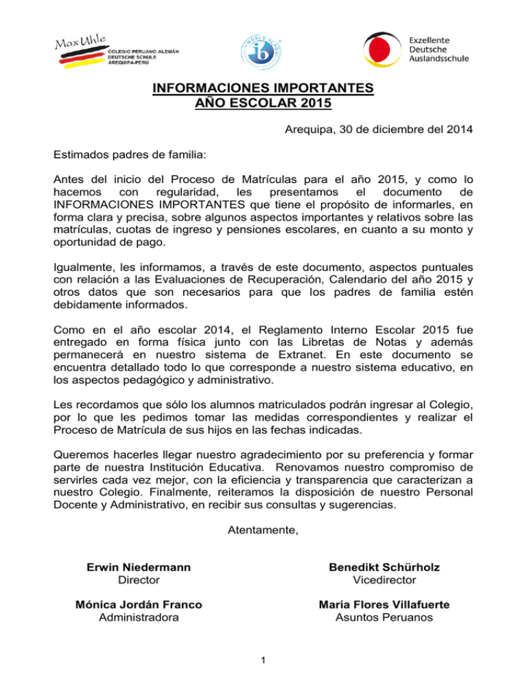 informaciones importantes año escolar 2015