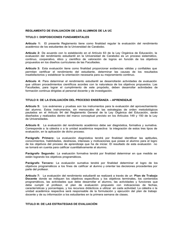 Reglamento de Evaluación de los alumnos de la UC.