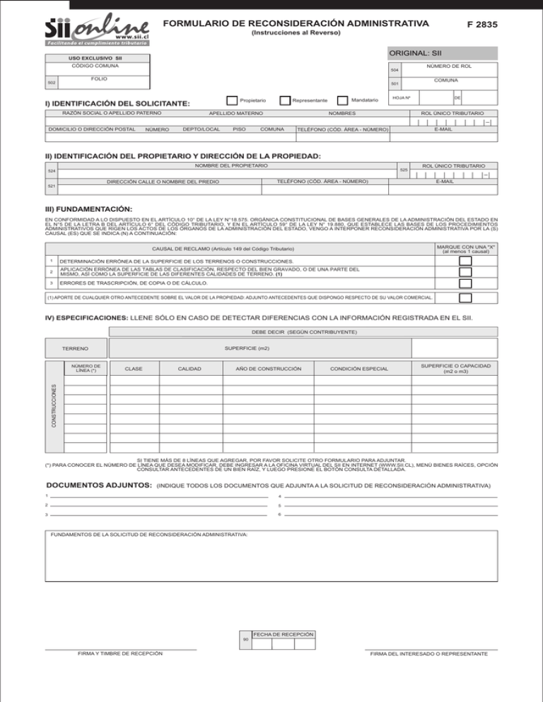 Formulario N° 2835 - Servicio de Impuestos Internos