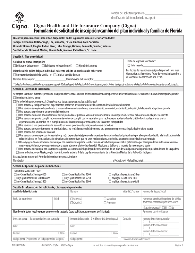 Formulario de solicitud de inscripción/cambio del plan