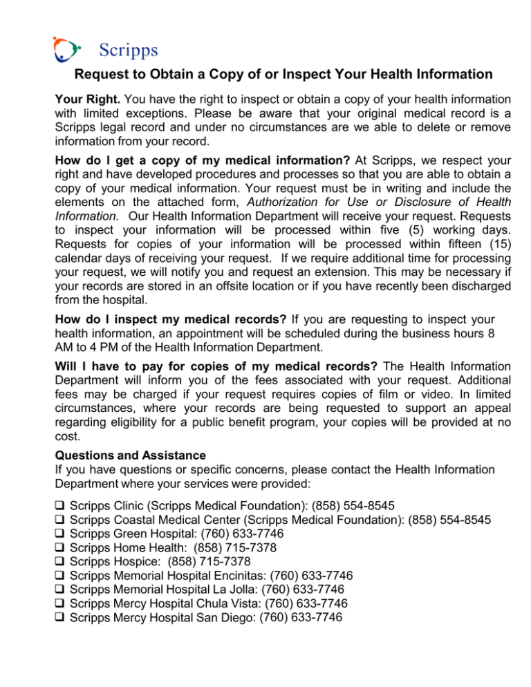 Re To Obtain A Copy Of Or Inspect Your Health