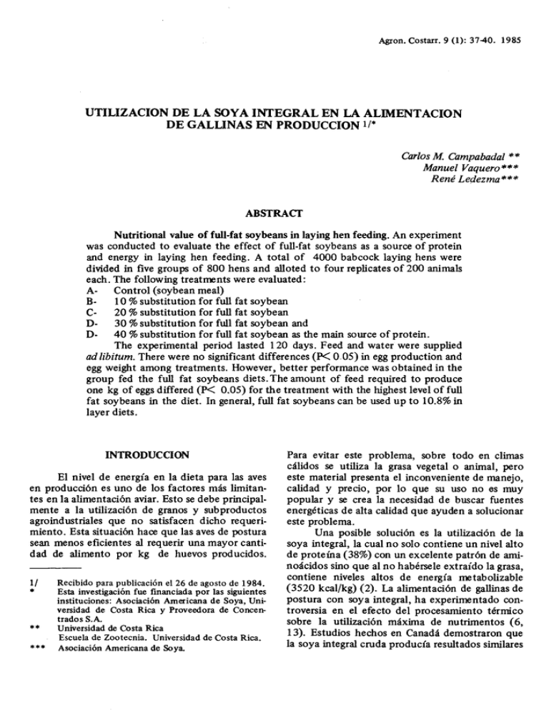 Utilización de la soya integral en la alimentación de gallinas en