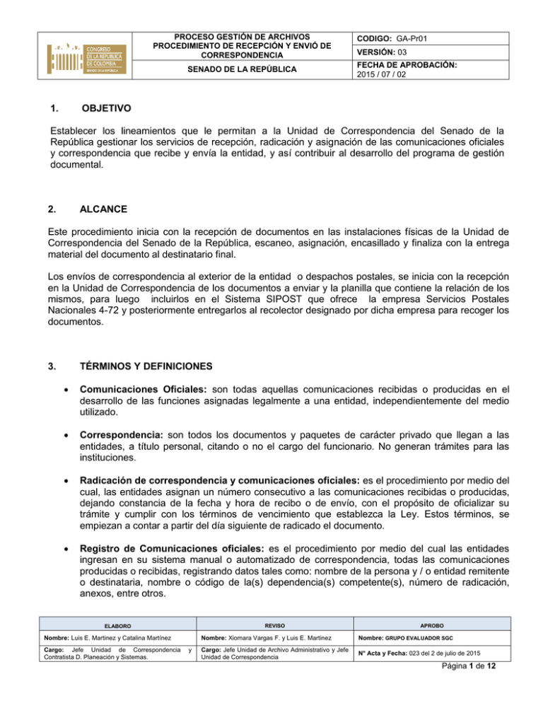 GA-Pr01 Procedimiento recepción y envio de