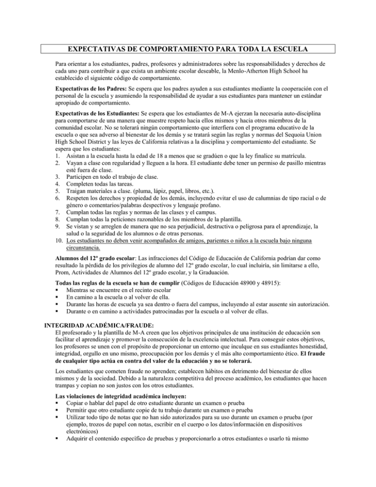 EXPECTATIVAS DE COMPORTAMIENTO PARA TODA LA ESCUELA