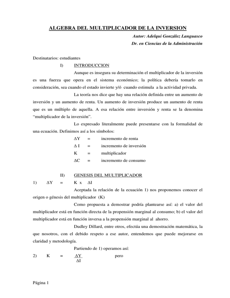 algebra del multiplicador de la inversion