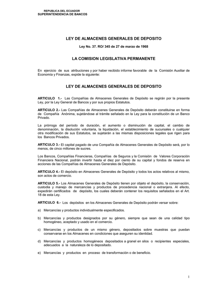 ley de almacenes generales de deposito la comision legislativa