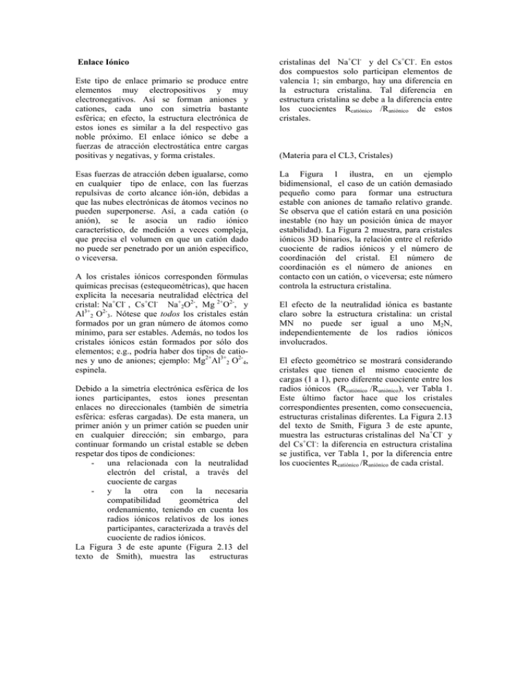 Enlace Iónico Este tipo de enlace primario se produce entre