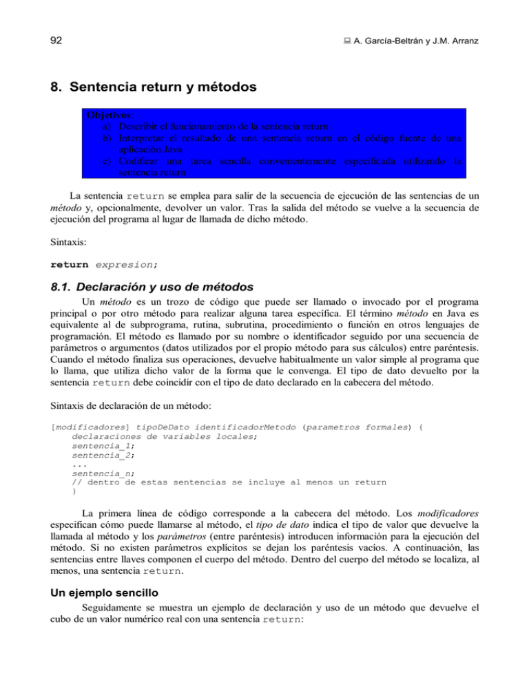 8. Sentencia return y métodos