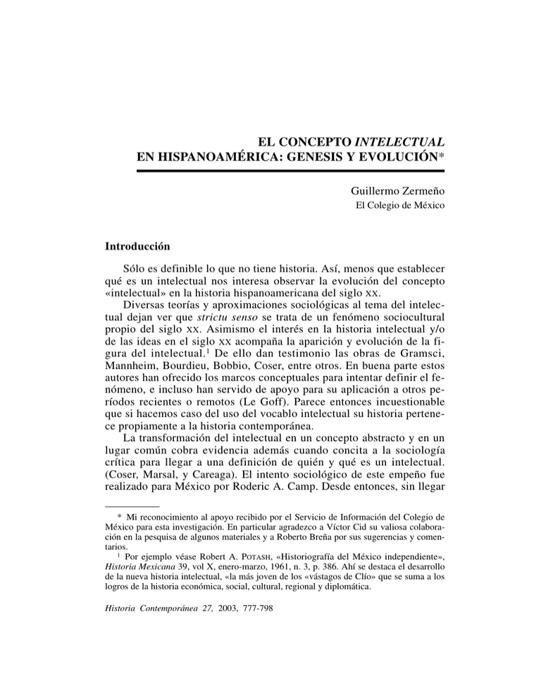 el concepto intelectual en hispanoamérica: genesis y evolución