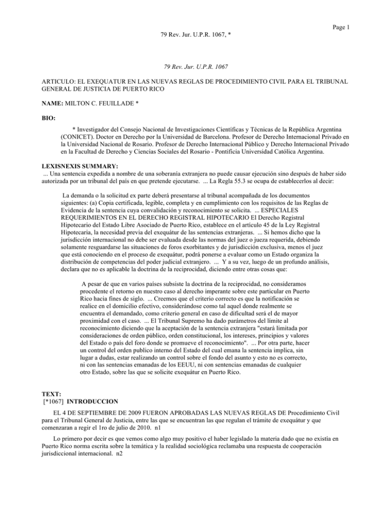 El exequátur en las nuevas reglas de procedimiento civil para el