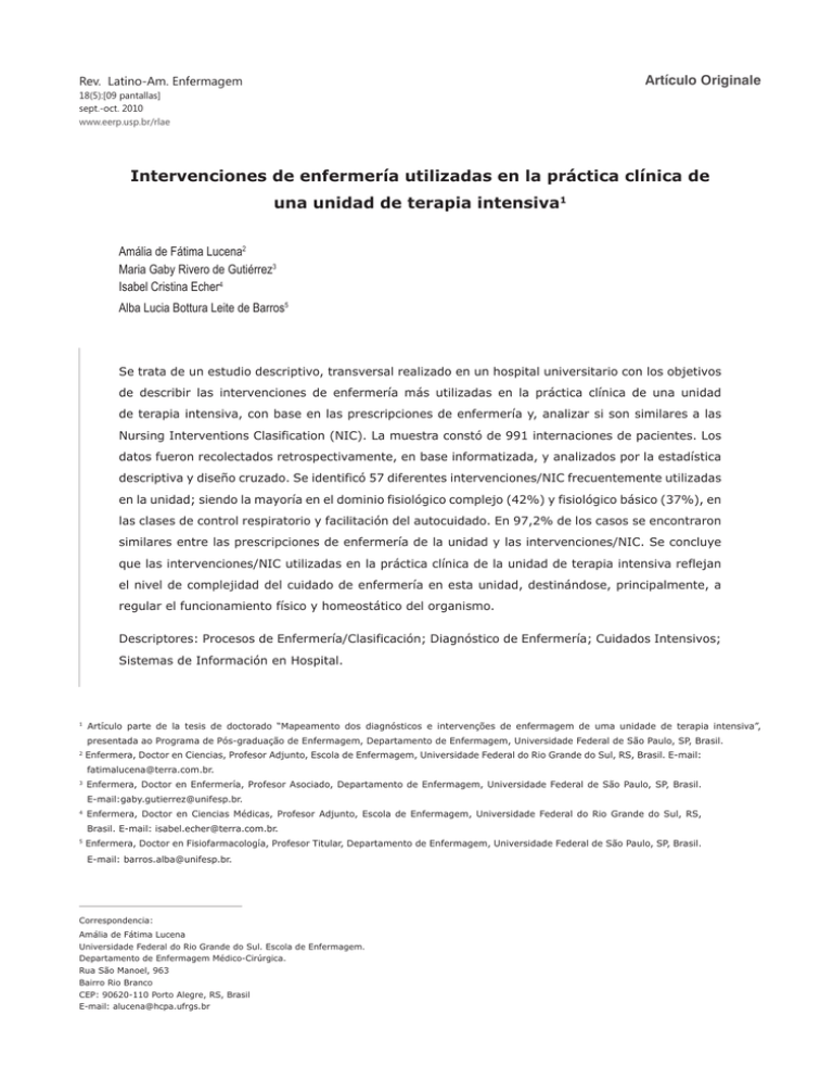 Intervenciones de enfermería utilizadas en la práctica clínica de una