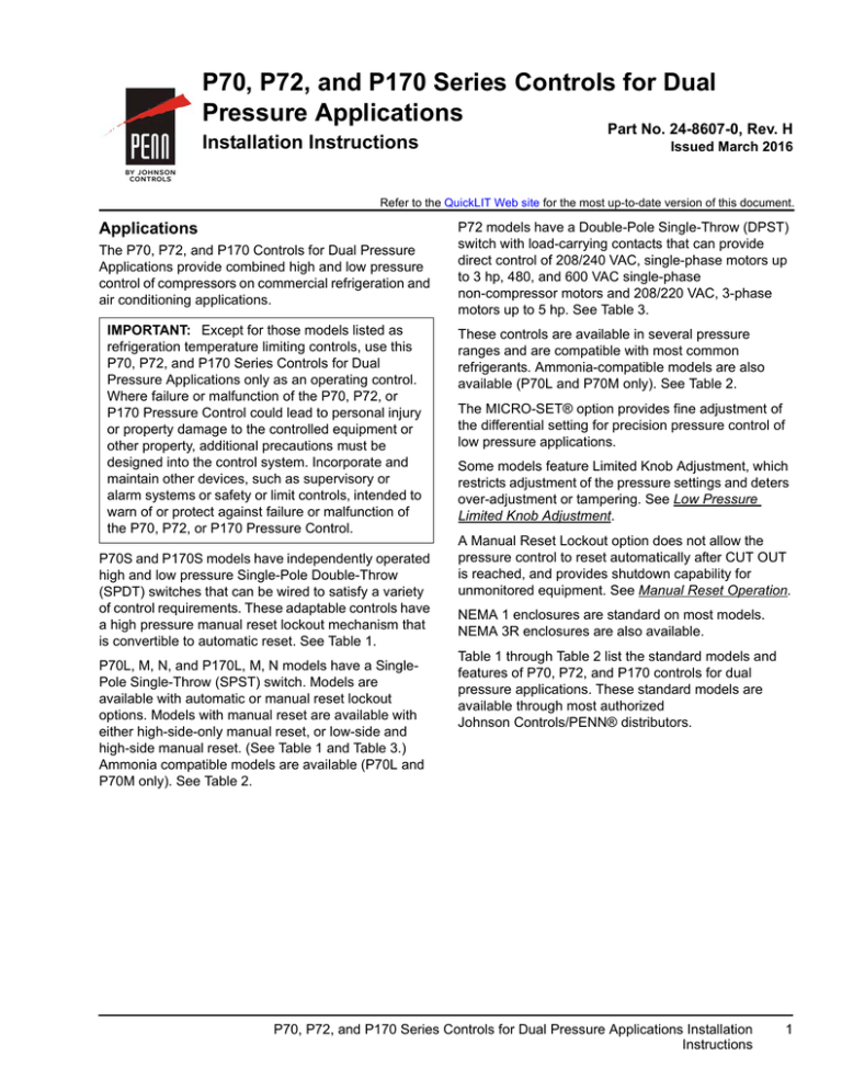 P70, P72, and P170 Series Controls for Dual Pressure Applications