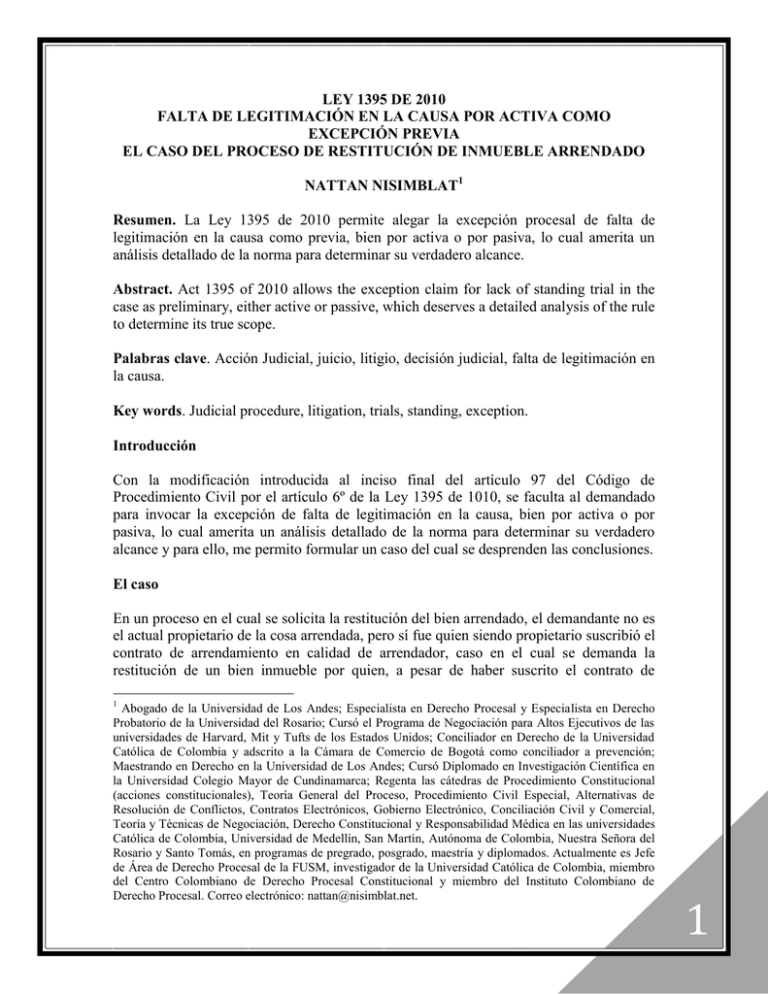 Ley 1395 De 2010 Falta De Legitimación En La Causa Por Activa