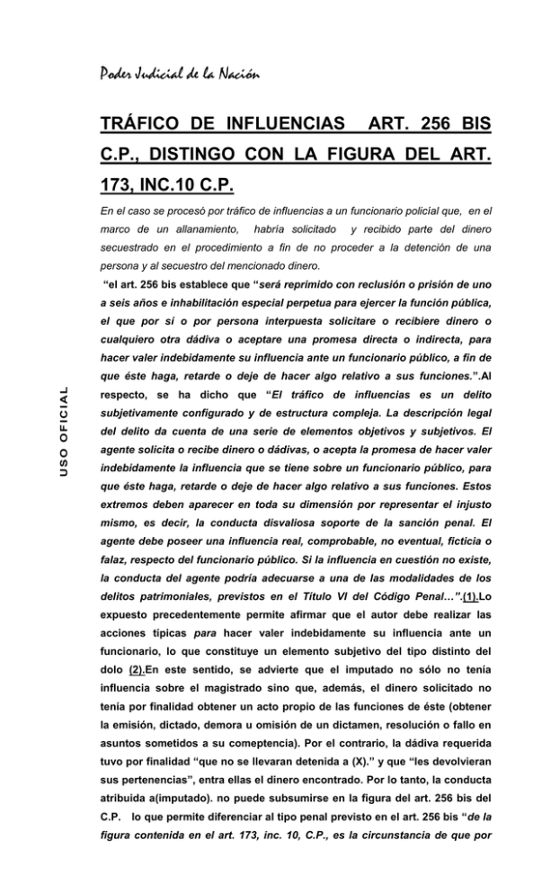 Poder Judicial de la Nación TRÁFICO DE INFLUENCIAS ART. 256