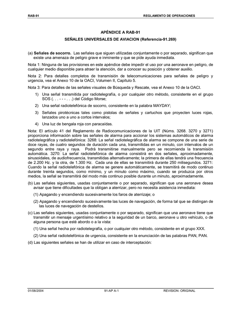 APÉNDICE A RAB-91 SEÑALES UNIVERSALES DE AVIACION