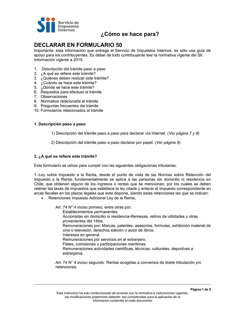 declarar en formulario 50 - Servicio de Impuestos Internos