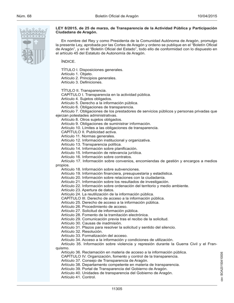 LEY 8/2015, de 25 de marzo, de Transparencia de la Actividad