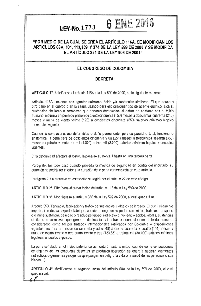 ley 1773 del 6 de enero de 2016
