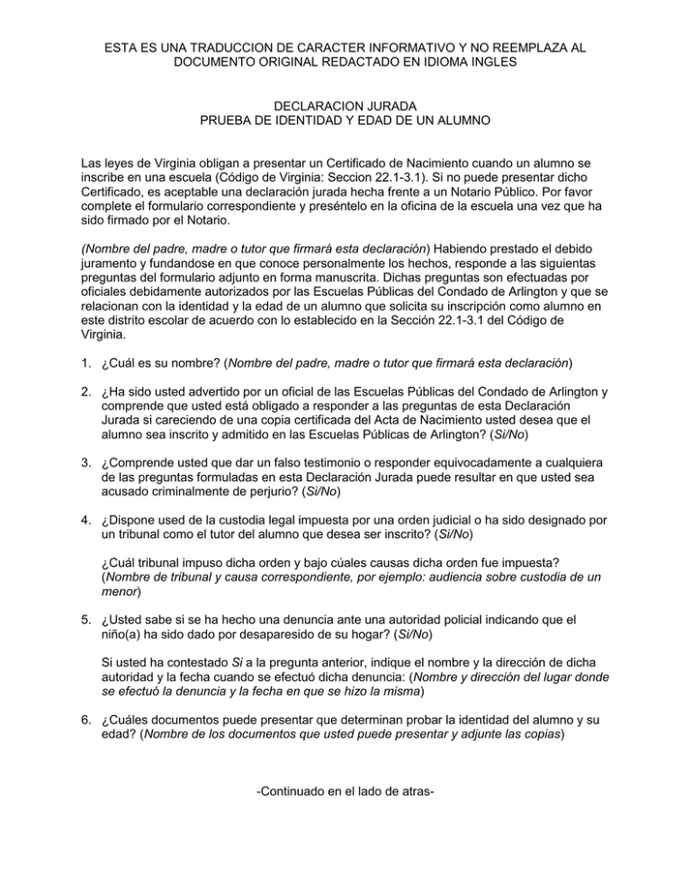 esta es una traduccion de caracter informativo y no reemplaza al