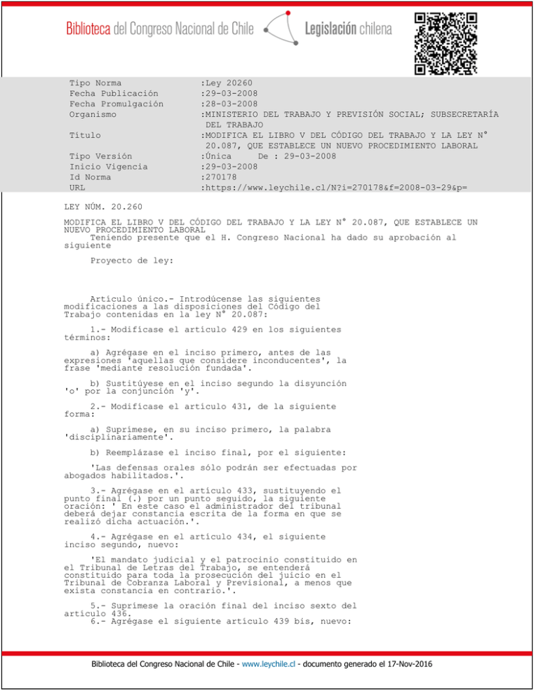 Ley 20260 Fecha Publicación