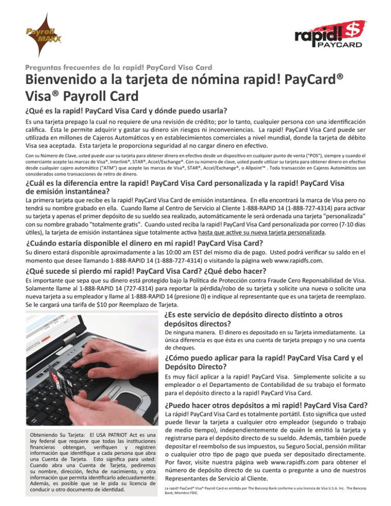 Bienvenido a la tarjeta de nómina rapid! PayCard