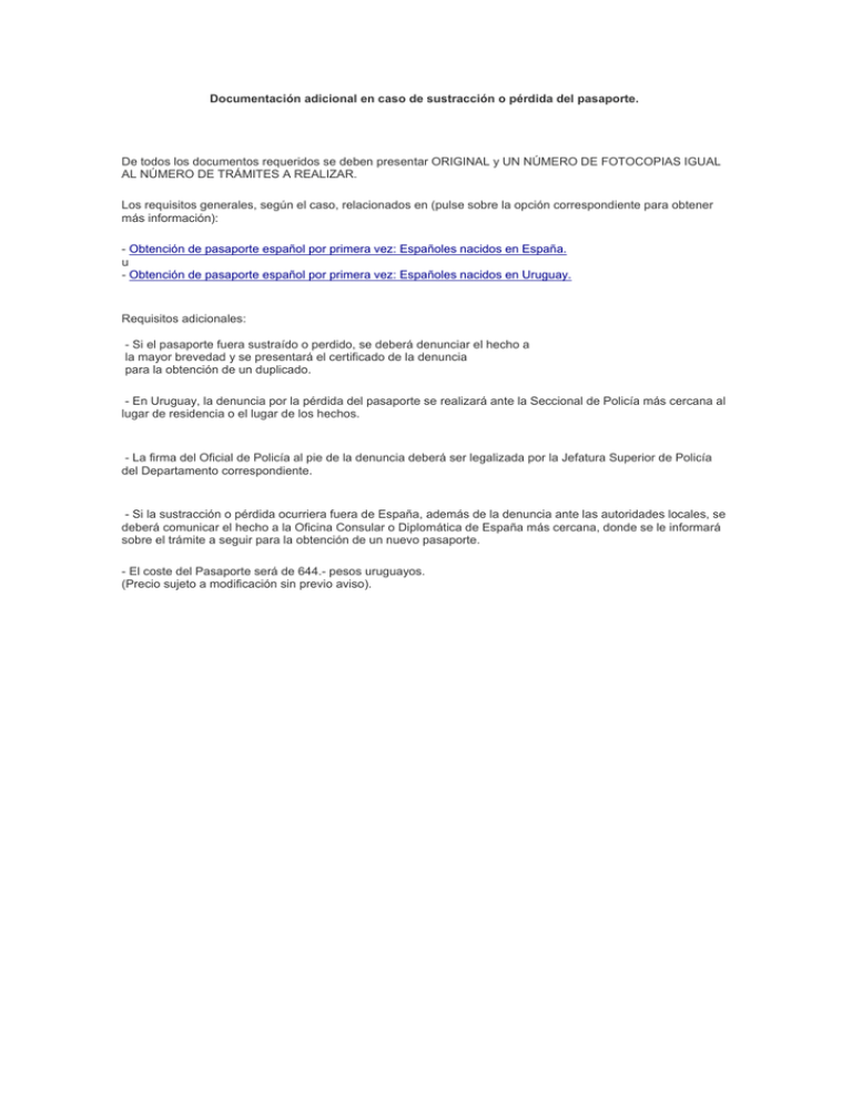 Documentación adicional en caso de sustracción o pérdida del