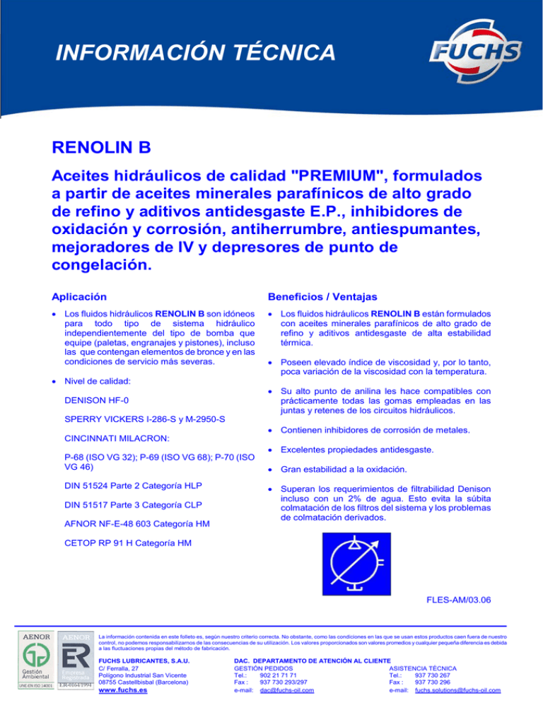 renolin b - fuchs lubricantes