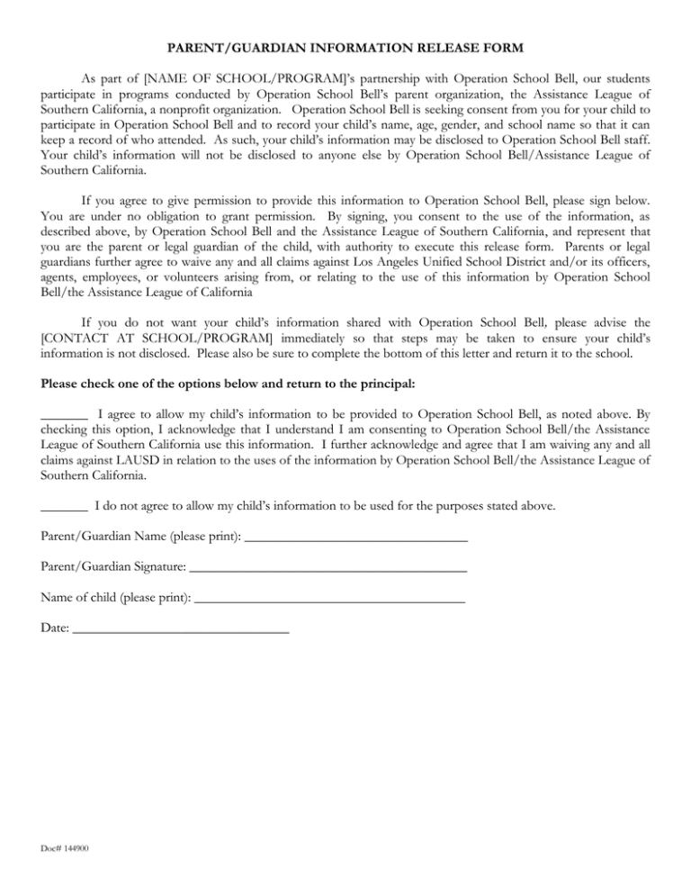 parent/legal guardian release form