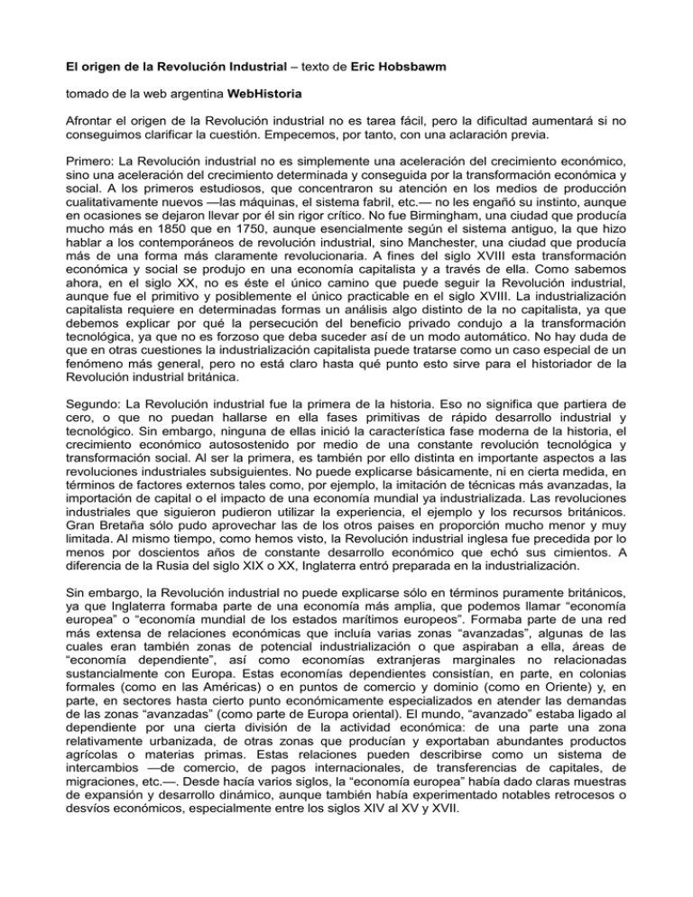 El origen de la Revolución Industrial – texto de Eric