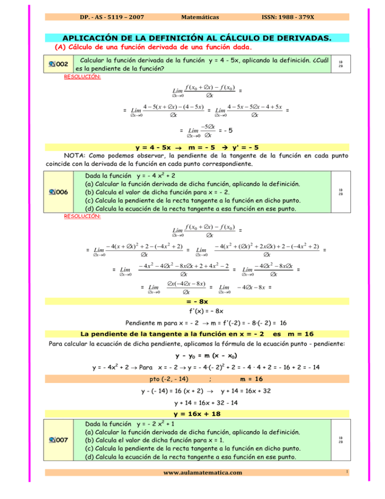 APLICACIÓN DE LA DEFINICIÓN AL CÁLCULO DE DERIVADAS.