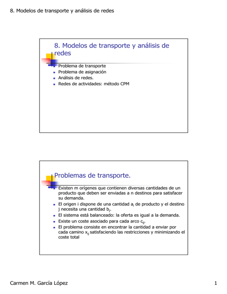 8. Modelos de transporte y análisis de redes Problemas de transporte.