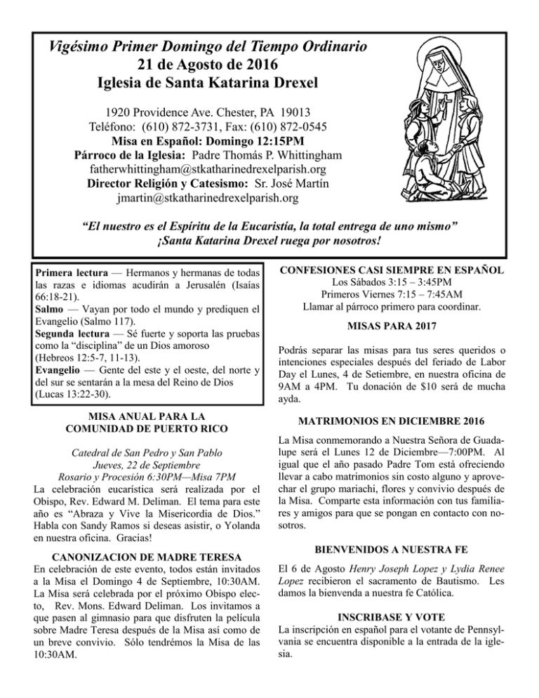 Vigésimo Primer Domingo del Tiempo Ordinario 21 de Agosto de