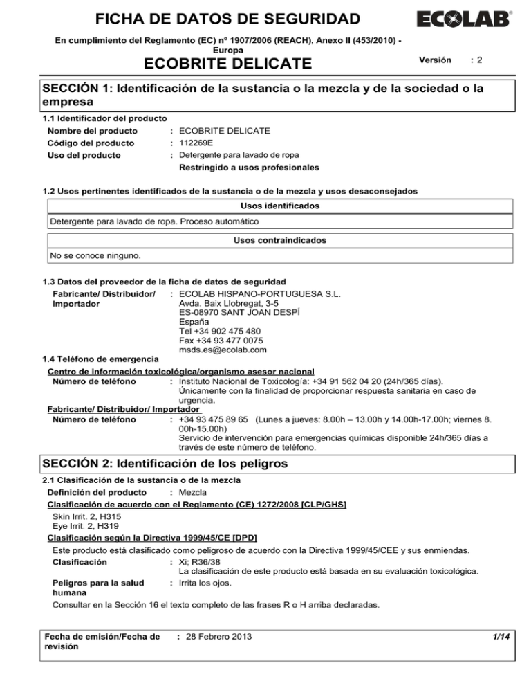 ficha de datos de seguridad ecobrite delicate