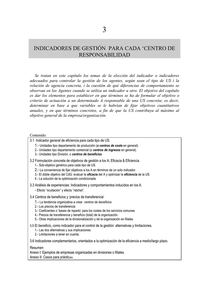 indicadores de gestión para cada `centro de responsabilidad