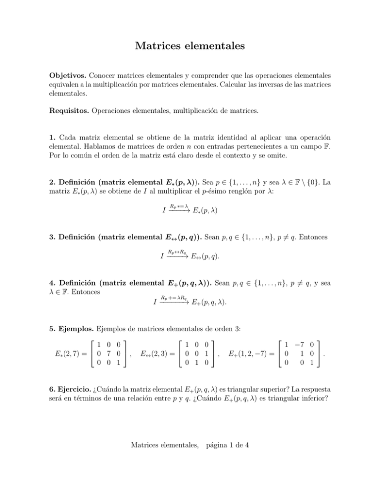 Matrices elementales - Apuntes y ejercicios de matemáticas, Egor