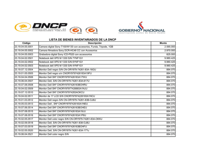 LISTA DE BIENES INVENTARIADOS DE LA DNCP