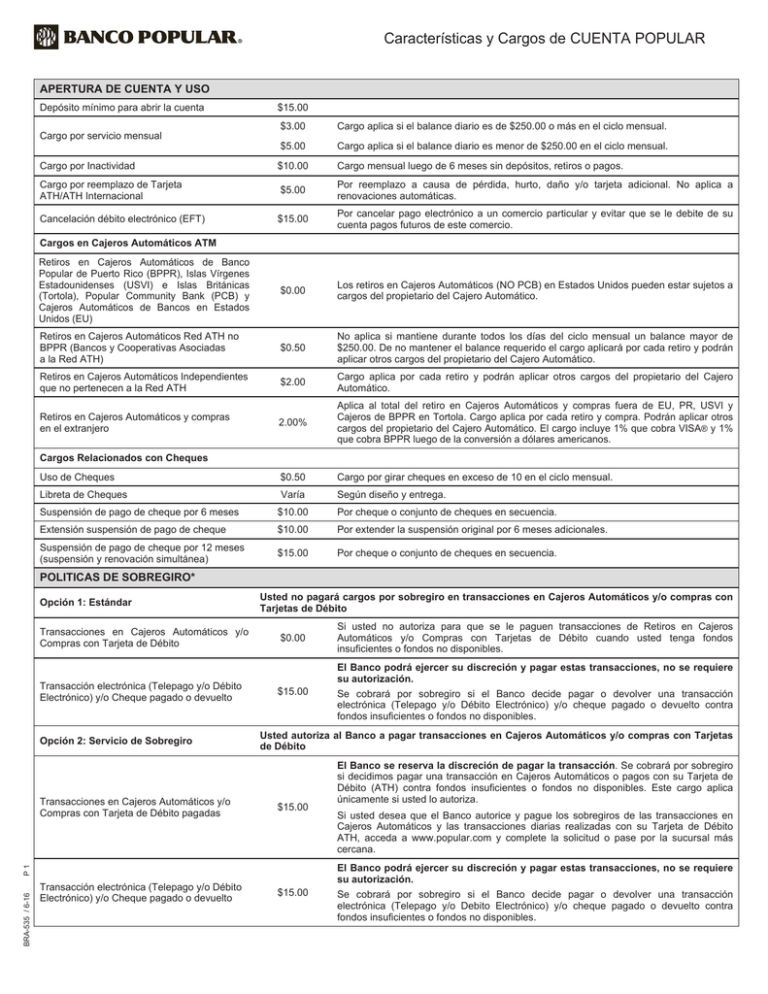Características y Cargos de CUENTA POPULAR