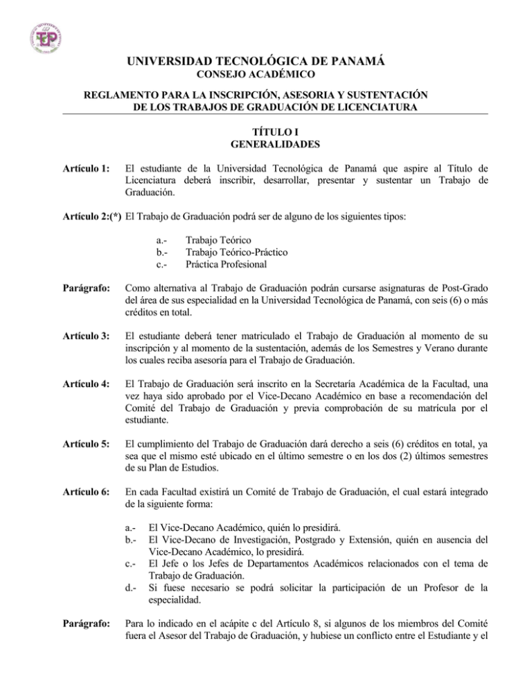 Reglamento para la Inscripción, Asesoría y Sustentación de los