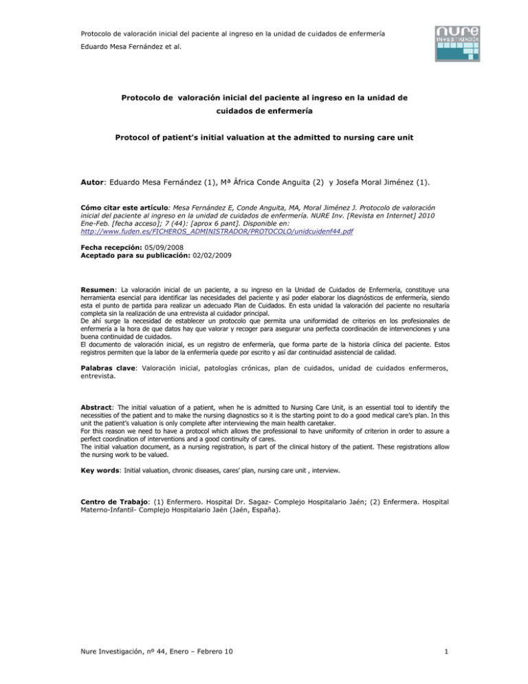 Protocolo Valoración Inicial Paciente: Cuidados Enfermería