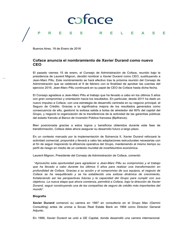 Coface anuncia el nombramiento de Xavier Durand como nuevo