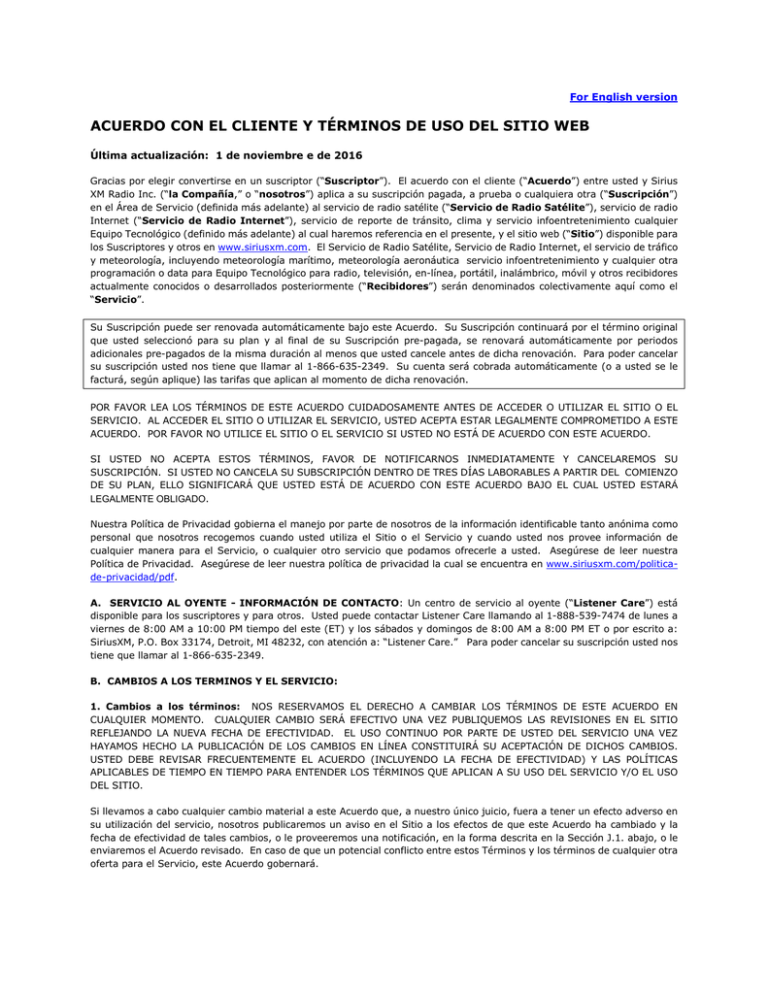 ACUERDO CON EL CLIENTE Y TÉRMINOS DE USO DEL SITIO WEB