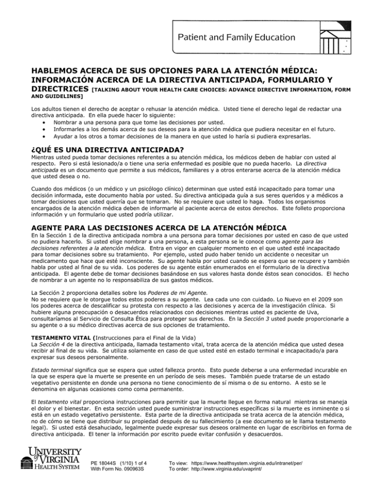 información acerca de la directiva anticipada, formulario y